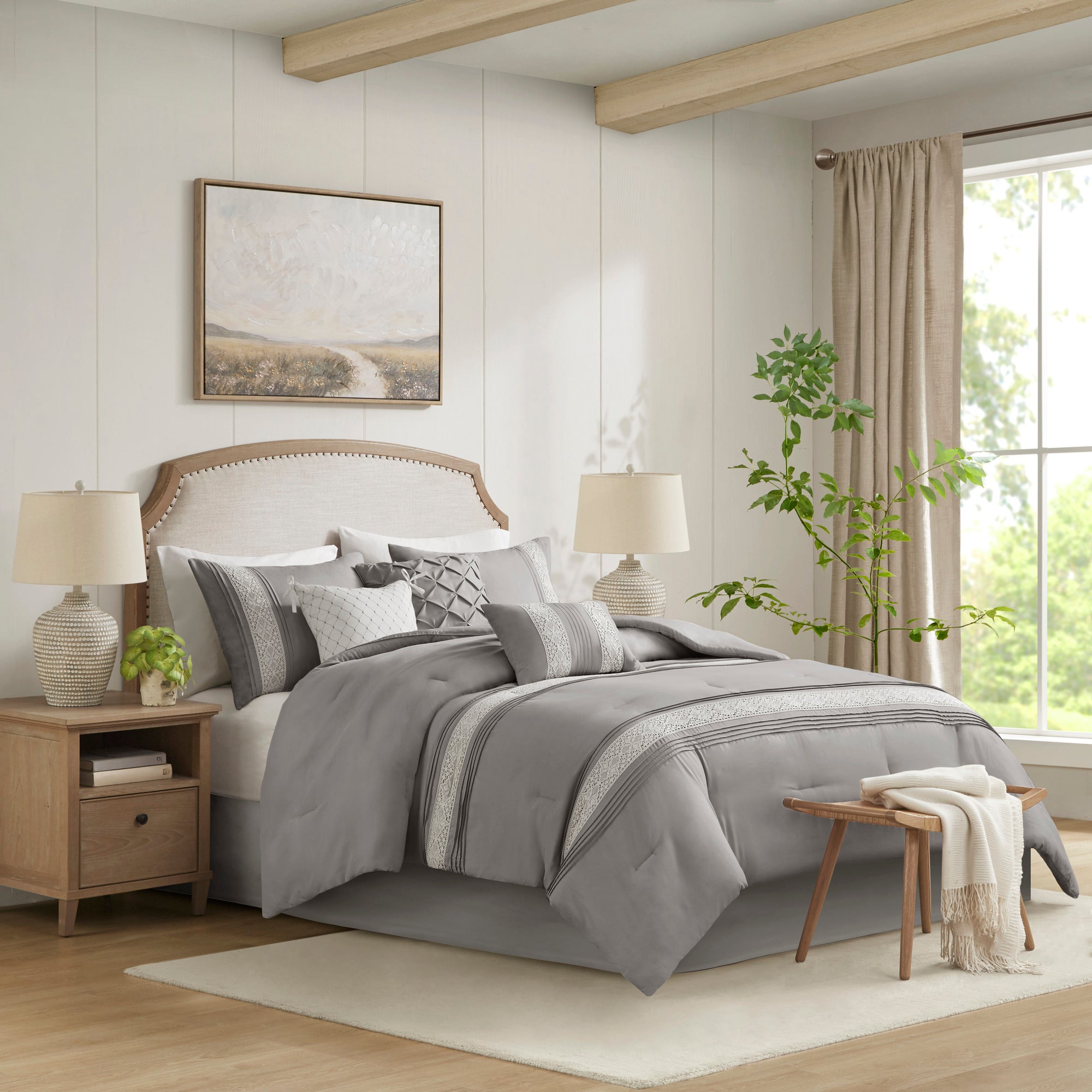 Madison Park - Lacey 7 Piece Lace Trim Comforter Set with Throw Pillows ...
